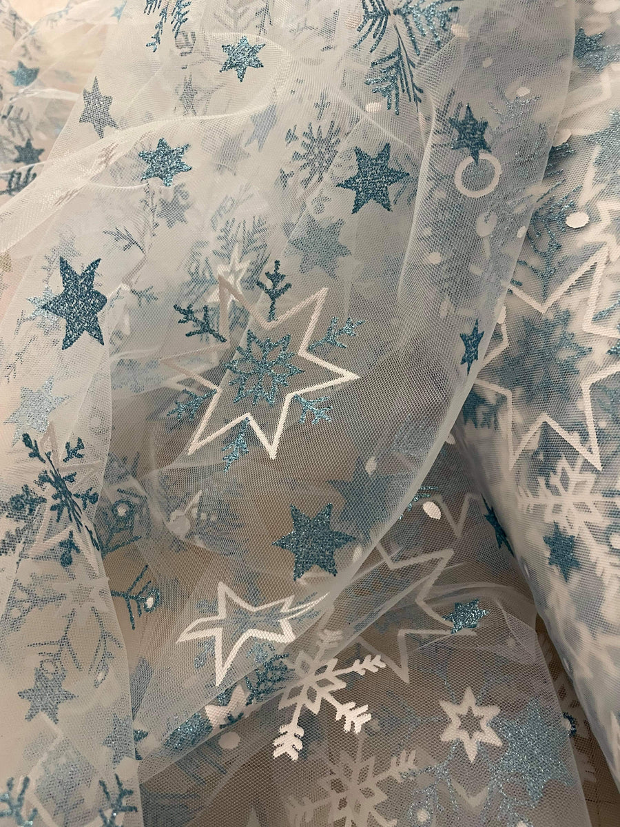 Blue Glitter Snowflakes! on White Tulle (Non-shedding) – Tulletastic LLC